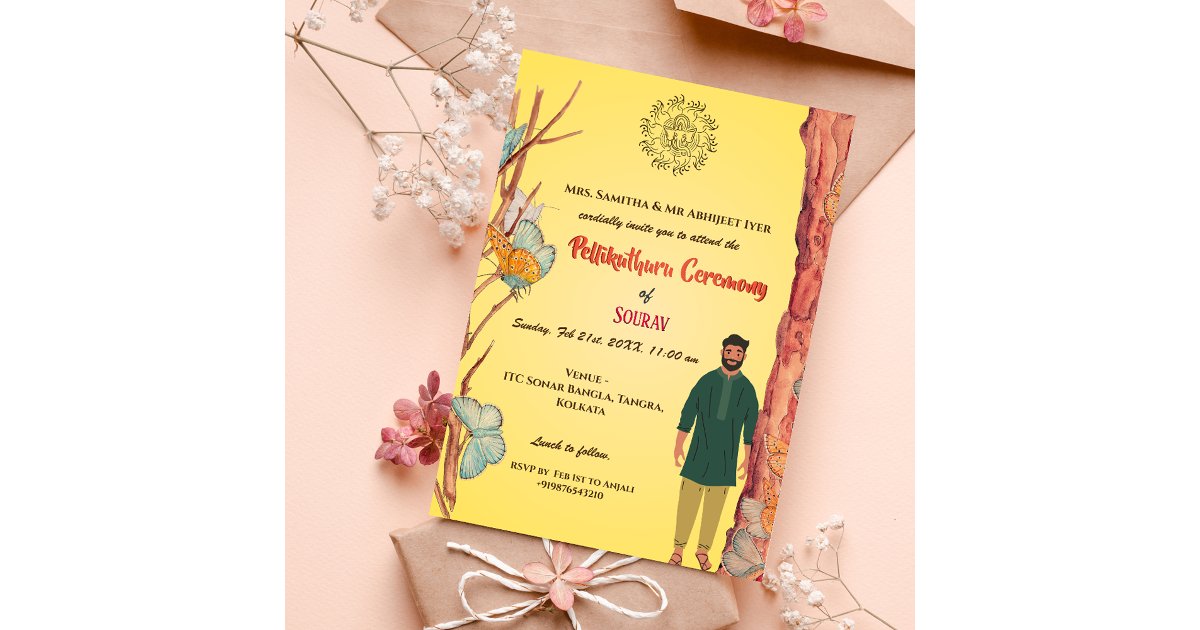 South Indian Hindu Groom Pellikuthuru Ceremony Invitation | Zazzle
