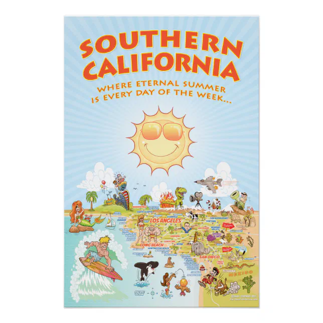Southern California Cartoon Map Poster | Zazzle