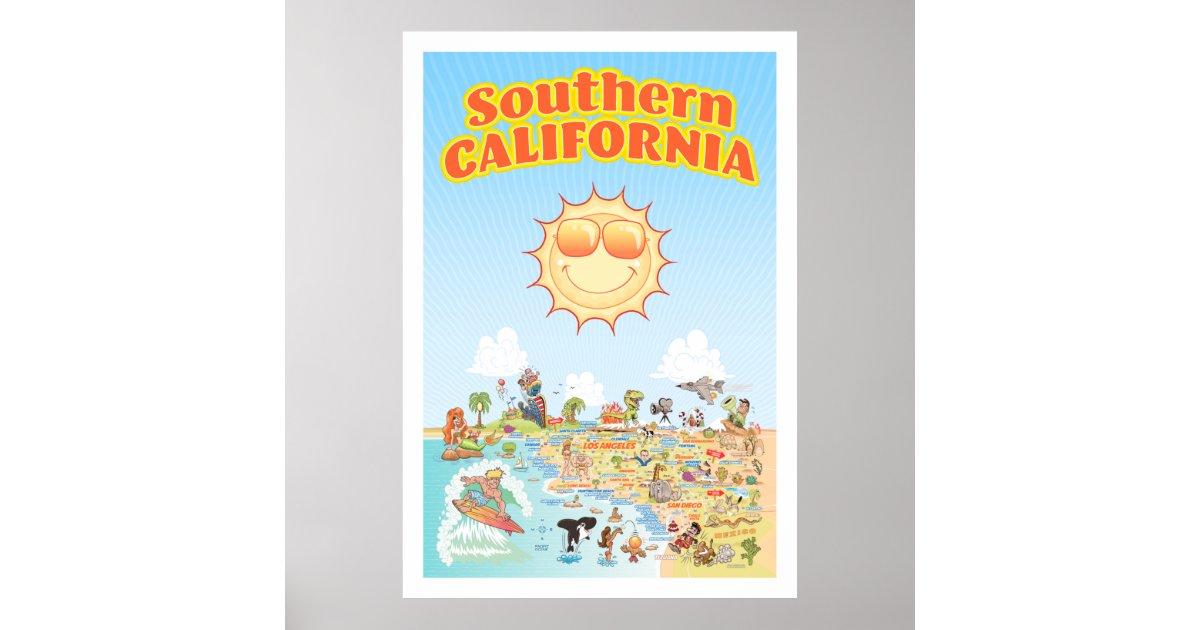 Southern California Cartoon Map Poster | Zazzle