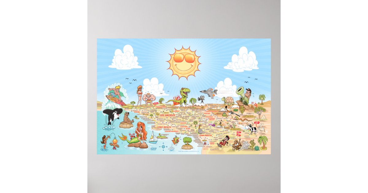 Southern California Cartoon Map Poster | Zazzle