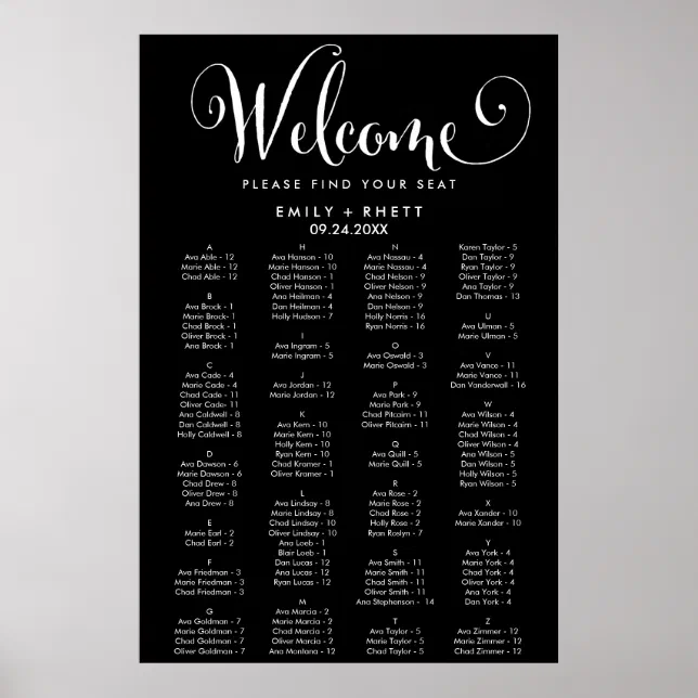 Southern Calligraphy Black Alphabetical Seating Poster | Zazzle