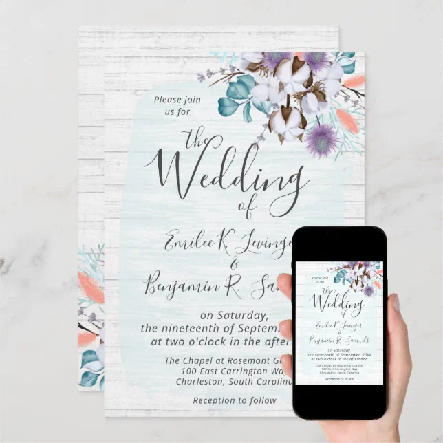 Southern Country Cotton Boll Botanical Rustic Wood Invitation | Zazzle