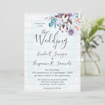 Southern Country Cotton Boll Botanical Rustic Wood Invitation | Zazzle