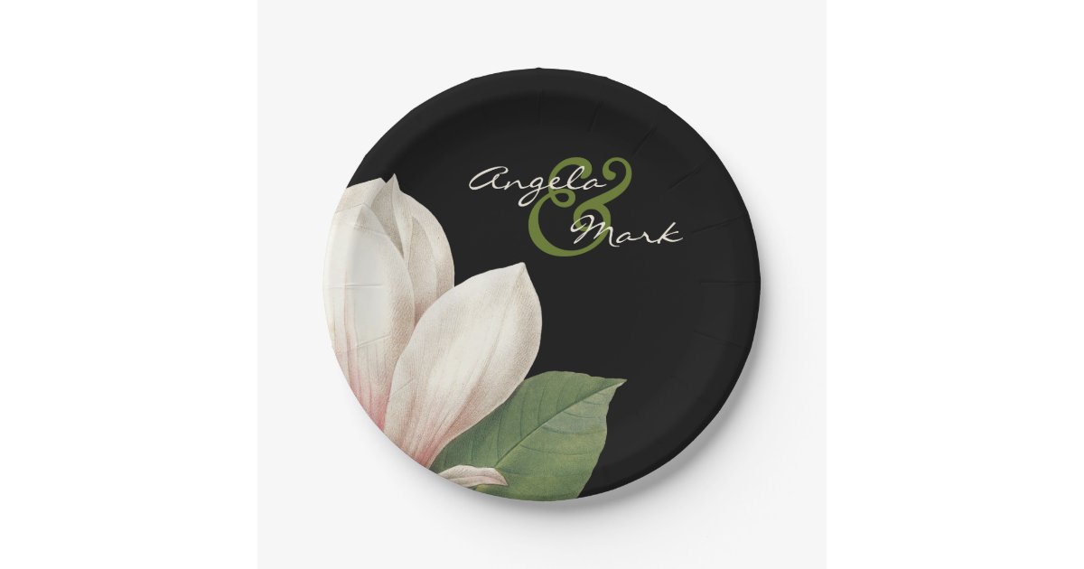 Southern Magnolia Flower Wedding | Elegant Black Paper Plates | Zazzle