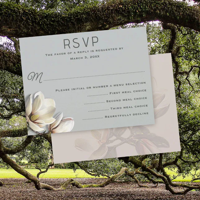 Southern Magnolia Flowers Wedding Menu RSVP Cards | Zazzle