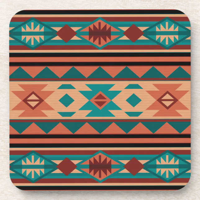 Southwest Tribal Pattern Turquoise Terracotta Beverage Coaster | Zazzle