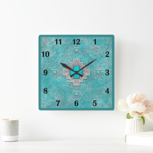 Southwest Turquoise Stone Geometric Basic Numbers Square Wall Clock ...