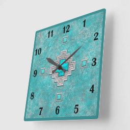 Southwest Turquoise Stone Geometric Basic Numbers Square Wall Clock ...