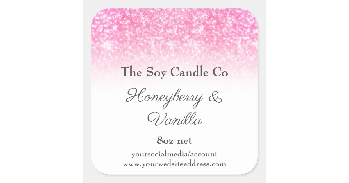 Soy Candle Personalized Pink Glitter 3 inch Square Sticker | Zazzle