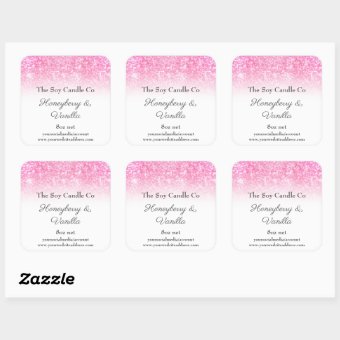 Soy Candle Personalized Pink Glitter 3 inch Square Sticker | Zazzle
