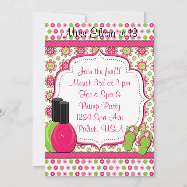 Spa Day of Pampering Pink Green Birthday Invite | Zazzle