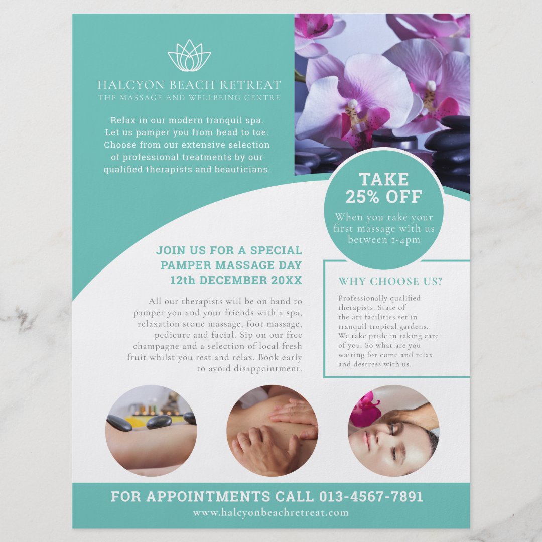 Spa massage wellness centre aqua promo flyer | Zazzle