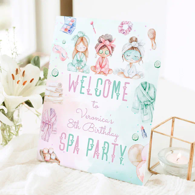 Spa party Pastel Birthday Welcome Pedestal Sign | Zazzle