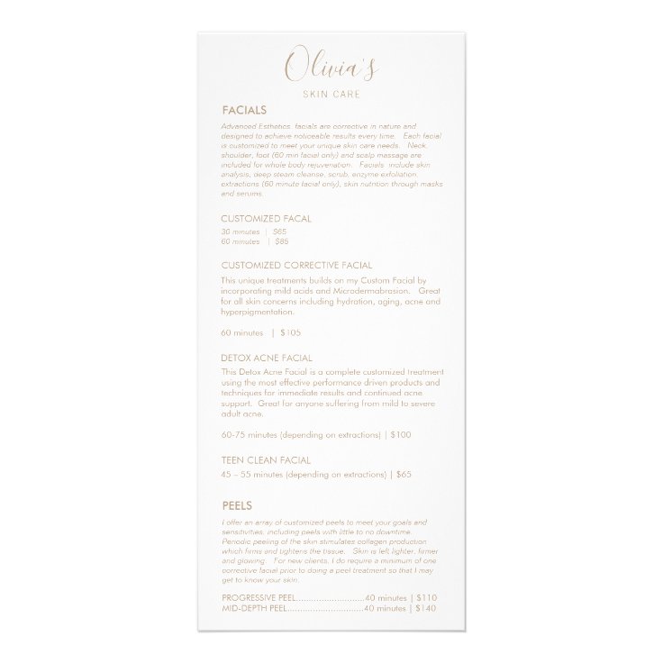 Spa Skincare White Service Price Menu | Zazzle