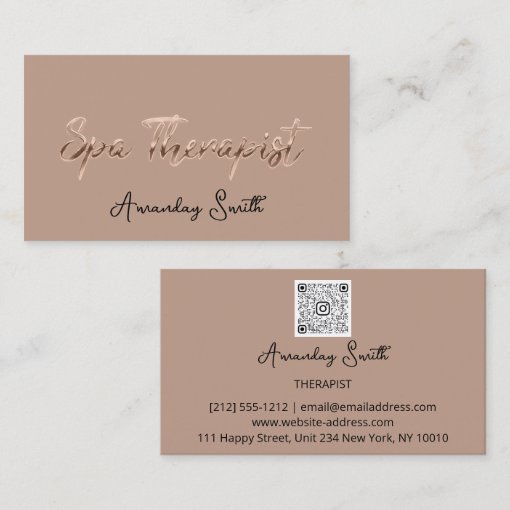 SPA Therapist Script QR Code Logo Rose Gold Business Card | Zazzle
