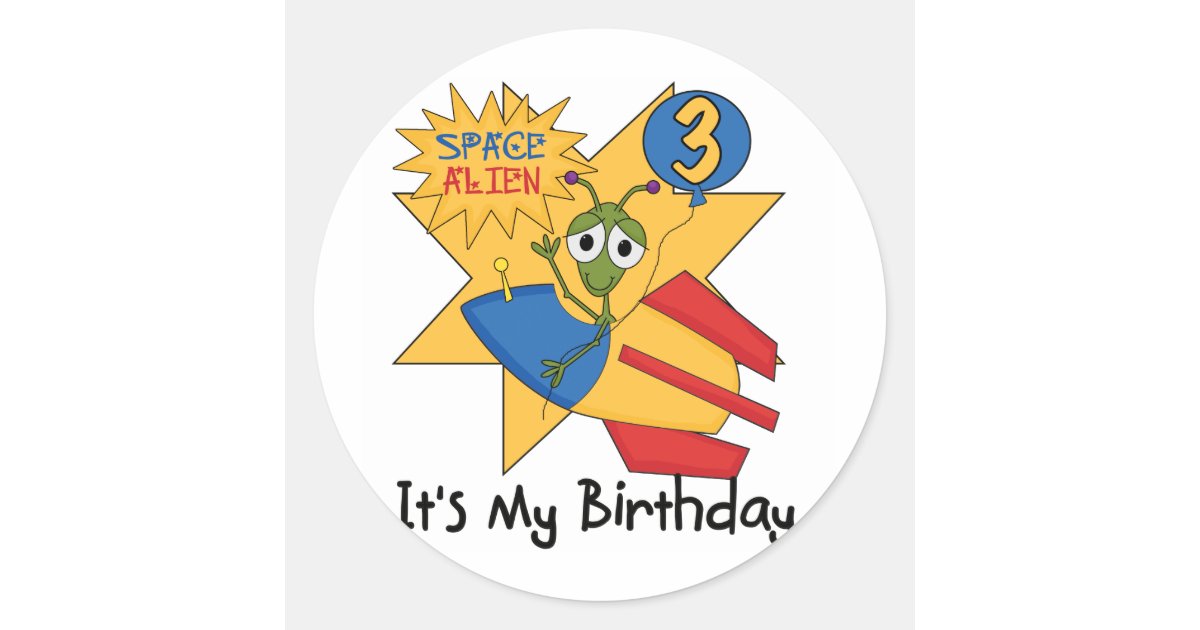 Space Alien 3rd Birthday Tshirts and Gifts Classic Round Sticker | Zazzle