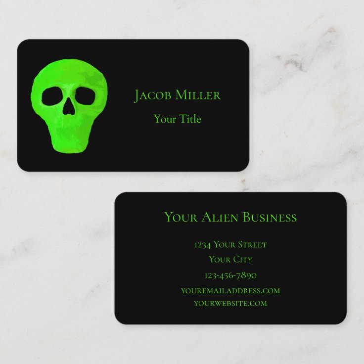Space Alien Face Neon Green Black UFO Business Card | Zazzle