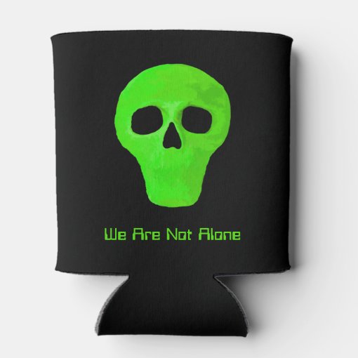 Space Alien Face Neon Green Black UFO Can Cooler | Zazzle