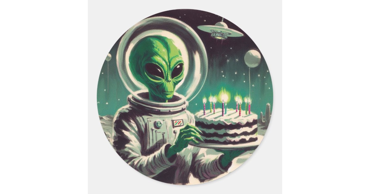 Space Alien with Birthday Cake UFO Flying Saucer Classic Round Sticker ...