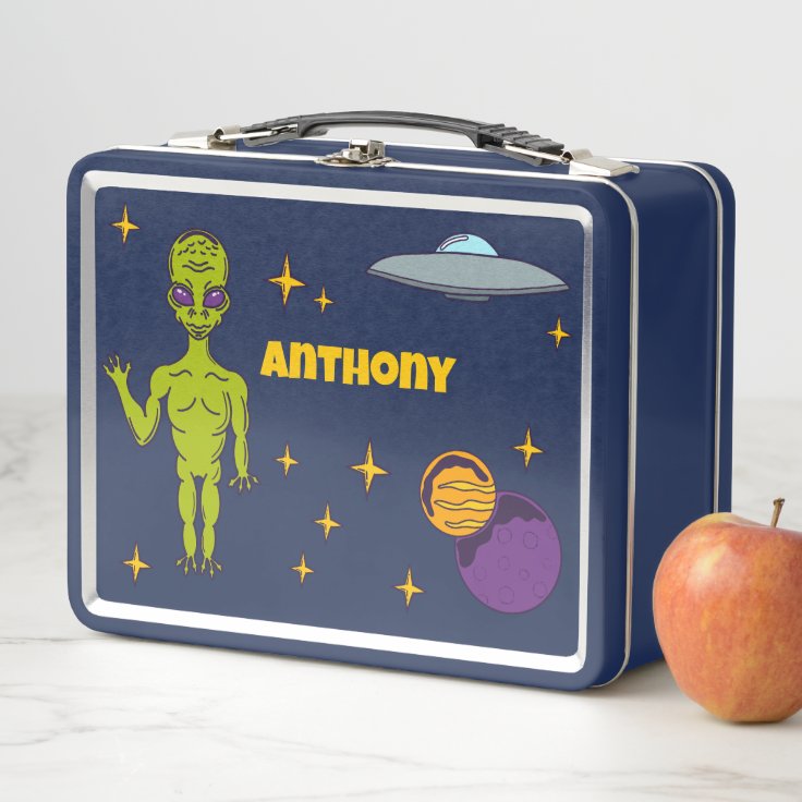 Space Alien with Flying Saucer Personalized Metal Lunch Box | Zazzle