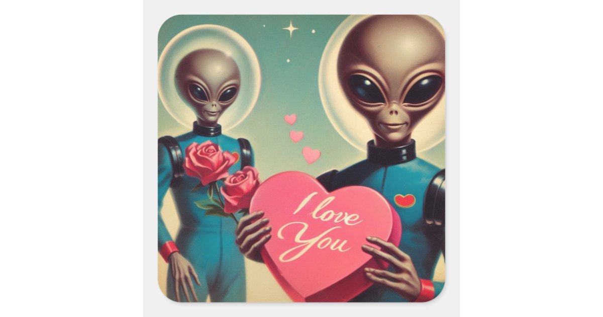 Space Aliens Valentine Sci Fi Romantic Valentine's Square Sticker | Zazzle