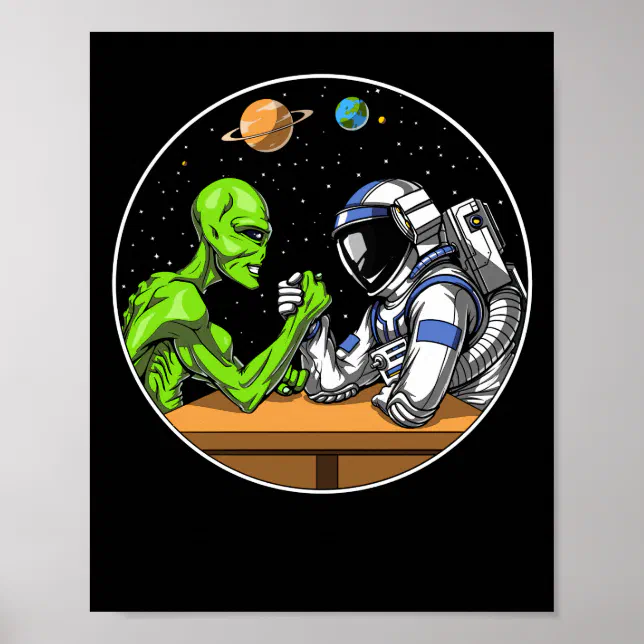 Space Astronaut Alien Arm Wrestling Funny Cosmic Poster | Zazzle