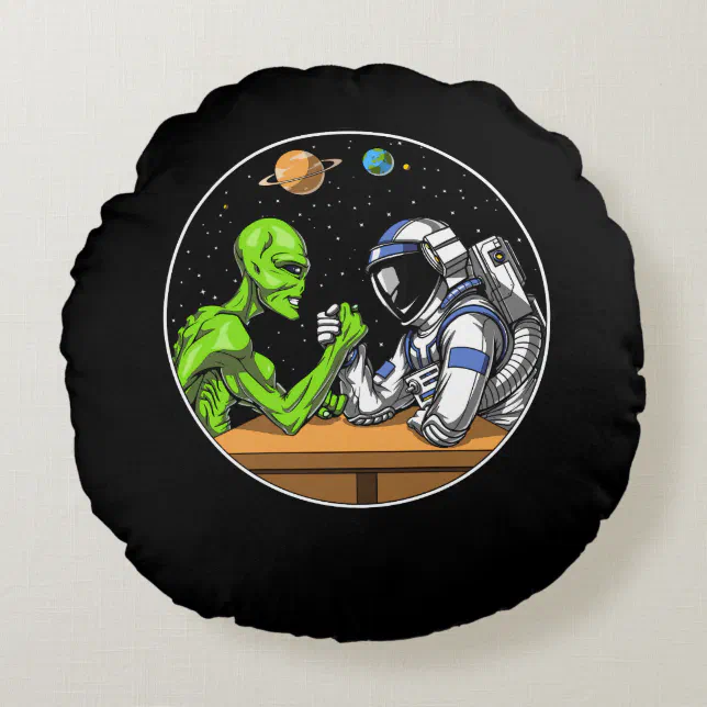 Space Astronaut Alien Arm Wrestling Funny Cosmic Round Pillow | Zazzle
