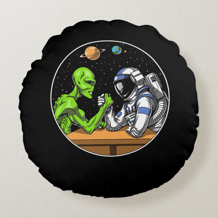 Space Astronaut Alien Arm Wrestling Funny Cosmic Round Pillow | Zazzle