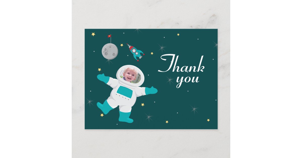 Space astronaut birthday photo thank you postcard | Zazzle