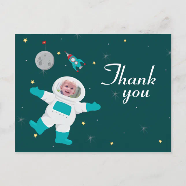 Space astronaut birthday photo thank you postcard | Zazzle