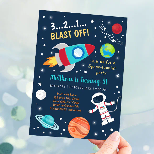 Space Astronaut Blast Off Birthday Invitation | Zazzle