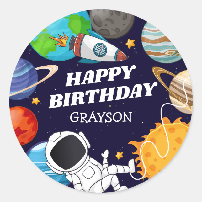 Space Astronaut Happy Birthday Classic Round Sticker | Zazzle