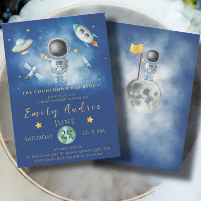 Space Baby Shower Astronaut Boy rockets star Party Invitation | Zazzle
