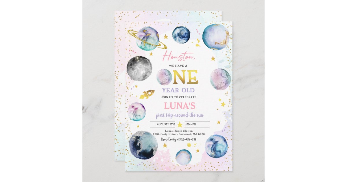 Space Birthday Girl Pink First Trip Around The Sun Invitation Zazzle