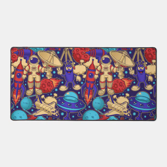 Space Cartoon Astronaut Alien Shuttle Rocket Moon Desk Mat | Zazzle