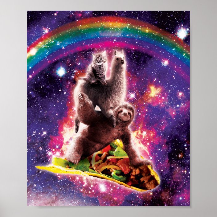 Space Cat Llama Sloth Riding Taco Poster | Zazzle.com
