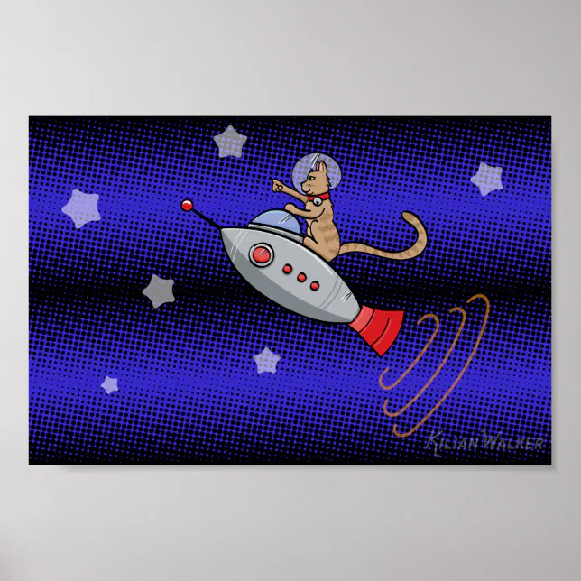 Space Cat on a Retro Rocketship Poster | Zazzle