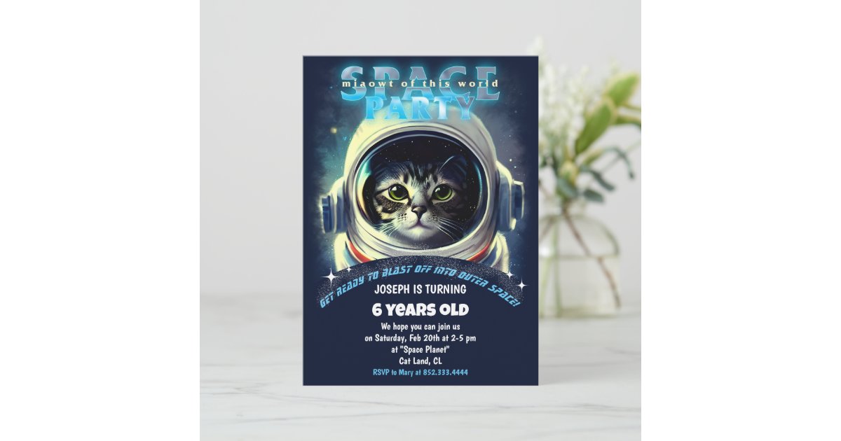 Space Cat Theme Birthday Party Invitation | Zazzle