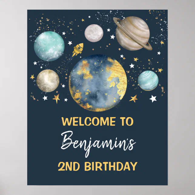Space Galaxy Birthday Party Navy Gold Welcome Poster | Zazzle