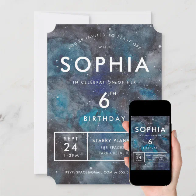 Space Galaxy in Blue Birthday Party Invitation | Zazzle