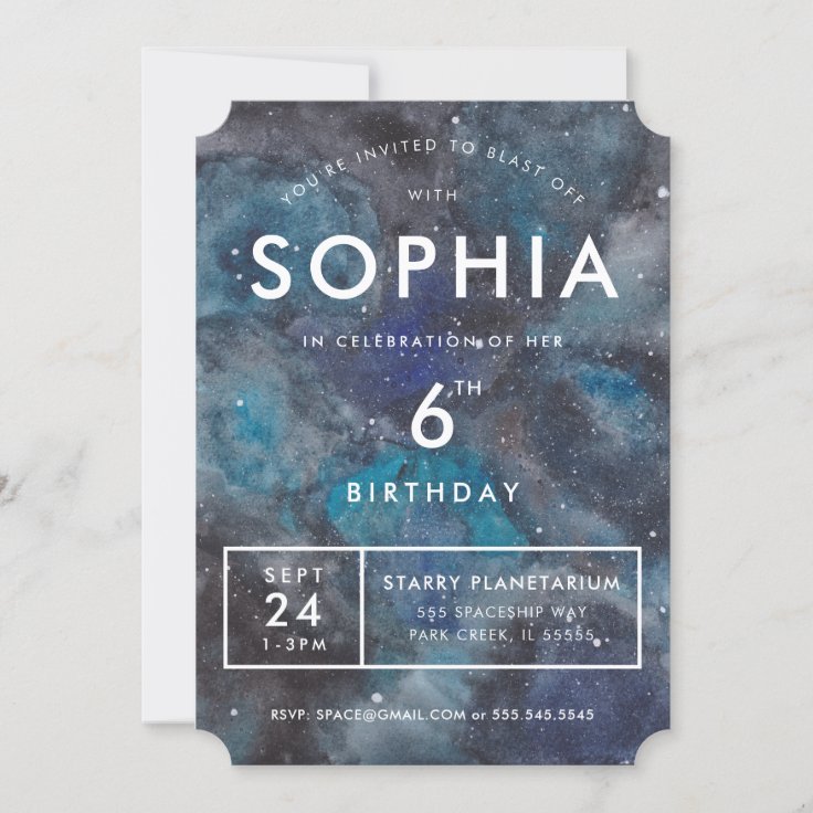 Space Galaxy in Blue Birthday Party Invitation | Zazzle