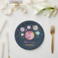Space Galaxy Planets Moon Stars Navy Pink Gold Paper Plates | Zazzle