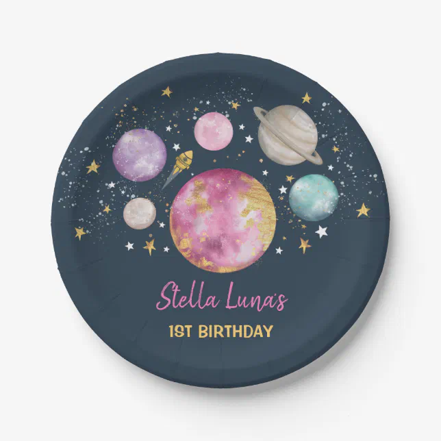 Space Galaxy Planets Moon Stars Navy Pink Gold Paper Plates | Zazzle