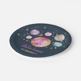 Space Galaxy Planets Moon Stars Navy Pink Gold Paper Plates | Zazzle
