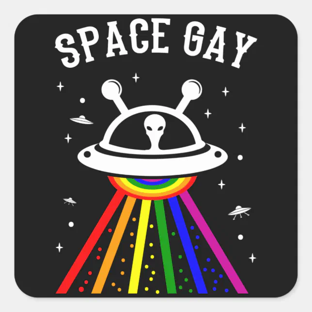 SPACE GAY LGBT Pride Month Alien UFO Rainbow Flag Square Sticker | Zazzle
