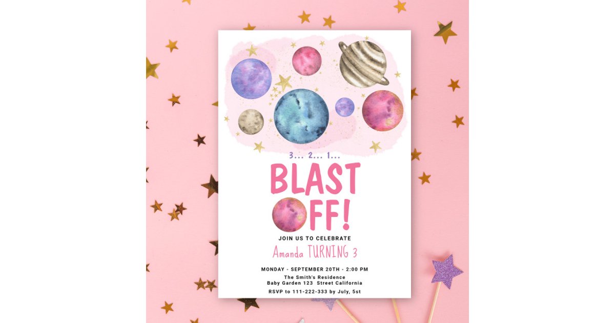 Space Girl Blast off Birthday Star Party Invitation | Zazzle