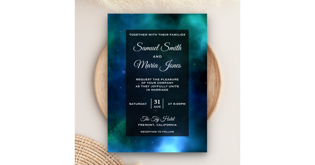 Space Nebula Blue Green Galaxy Wedding Invitation | Zazzle