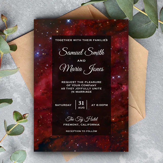 Space Nebula Maroon Galaxy Wedding Invitation | Zazzle