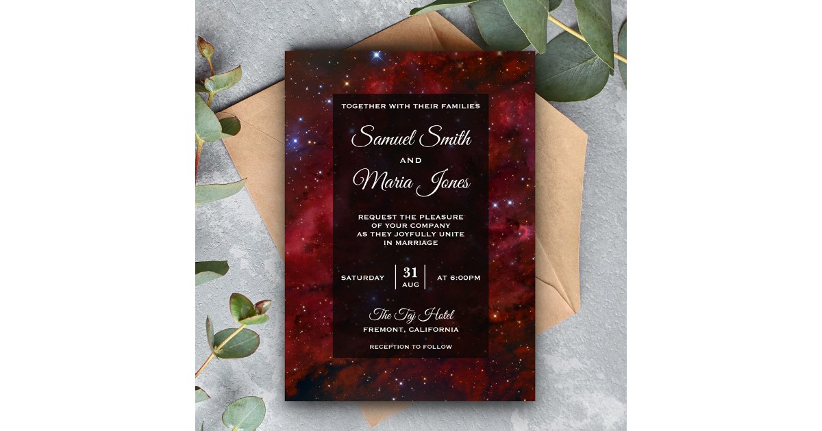 Space Nebula Maroon Galaxy Wedding Invitation | Zazzle