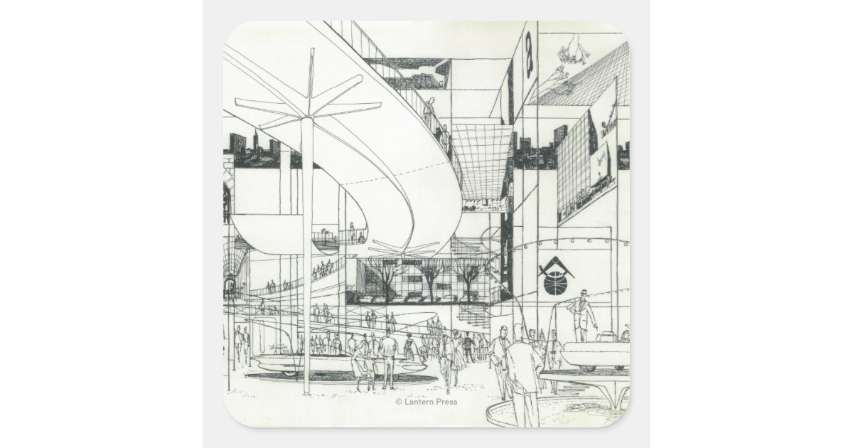 Space Needle Aerial Concept Drawing 2 Square Sticker | Zazzle